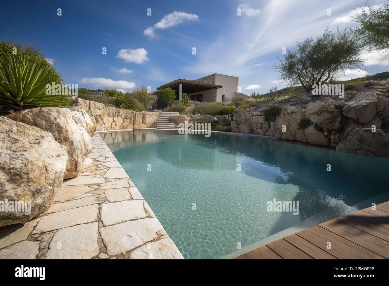 Luxury home backyard swimming pool with natural rocks and relaxing hi ...