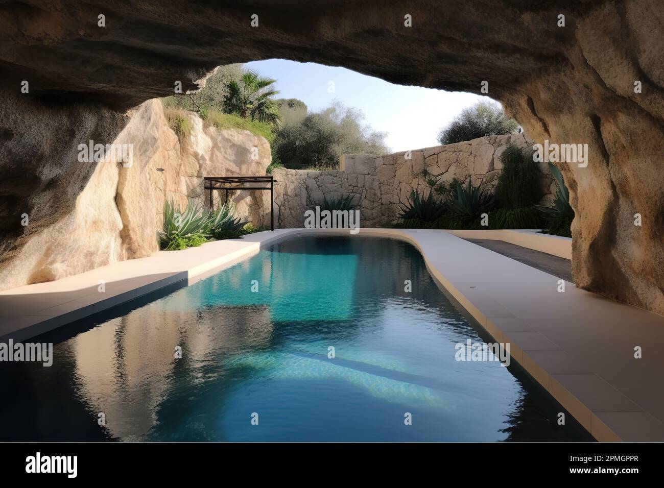 Luxury home backyard swimming pool with natural rocks and relaxing hi ...