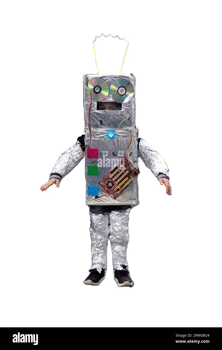 boy wearing handmade robot costume isolated on white background Stock ...
