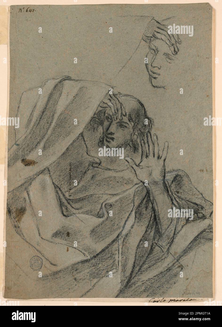 Drawing, Drawing Studies with Woman's Face and Man Reclining, and Right ...