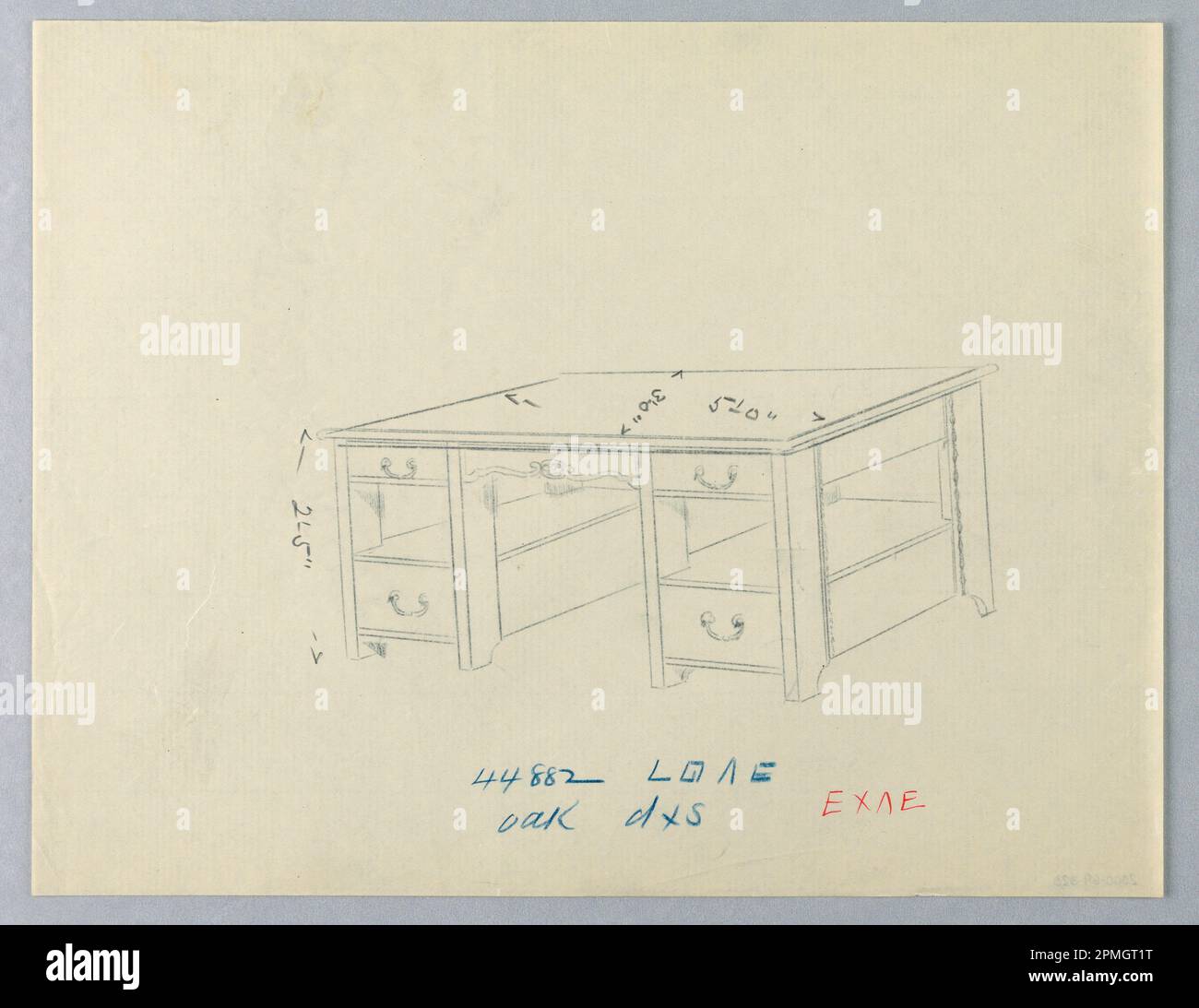 Drawing, Design for Massive Library Table with Open Shelves at Sides ...