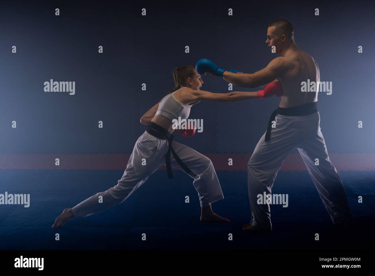 Good looking karate girl fighting her karate friend at the karate ...