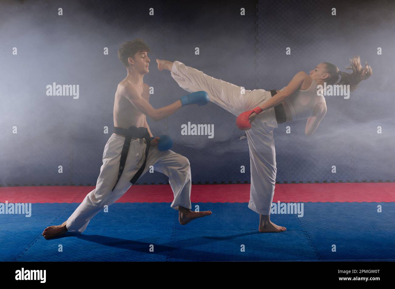 Close up of two young karate friends doing the Mawashi Geri pose at the ...