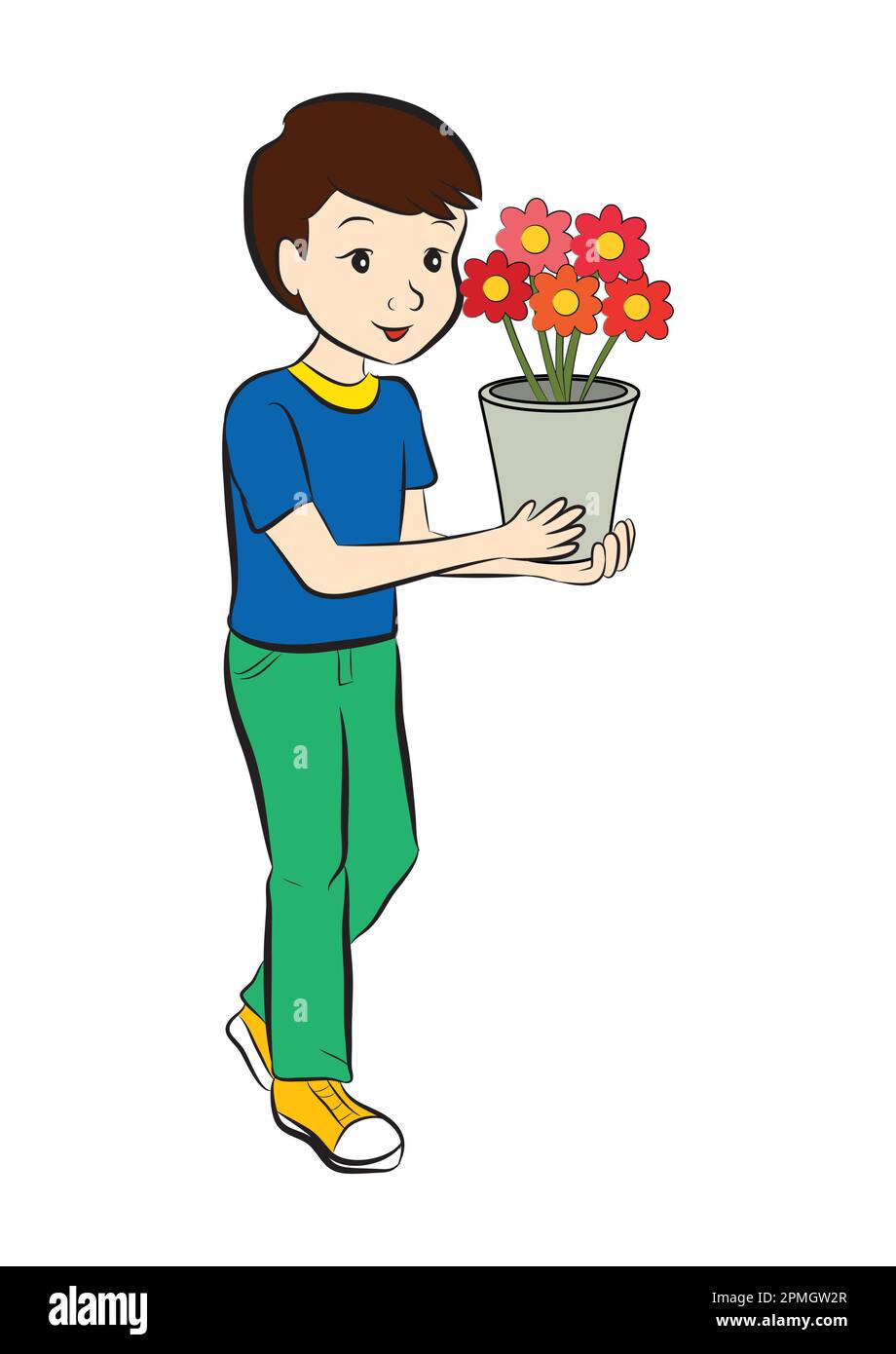 Vector Illustration of Boy Holding a Flower Pot Stock Vector Image ...