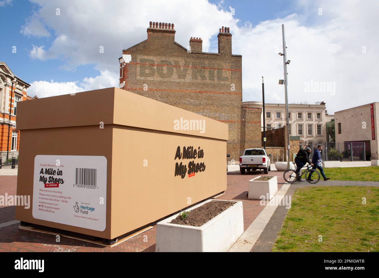 London, UK, 13 April 2023: a giant shoe box has arrived in Windrush ...