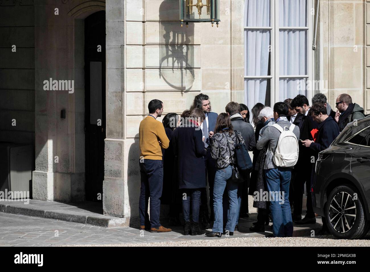 Paris, France. 13th Apr, 2023. Jonas Bayard speaks with journalist ...