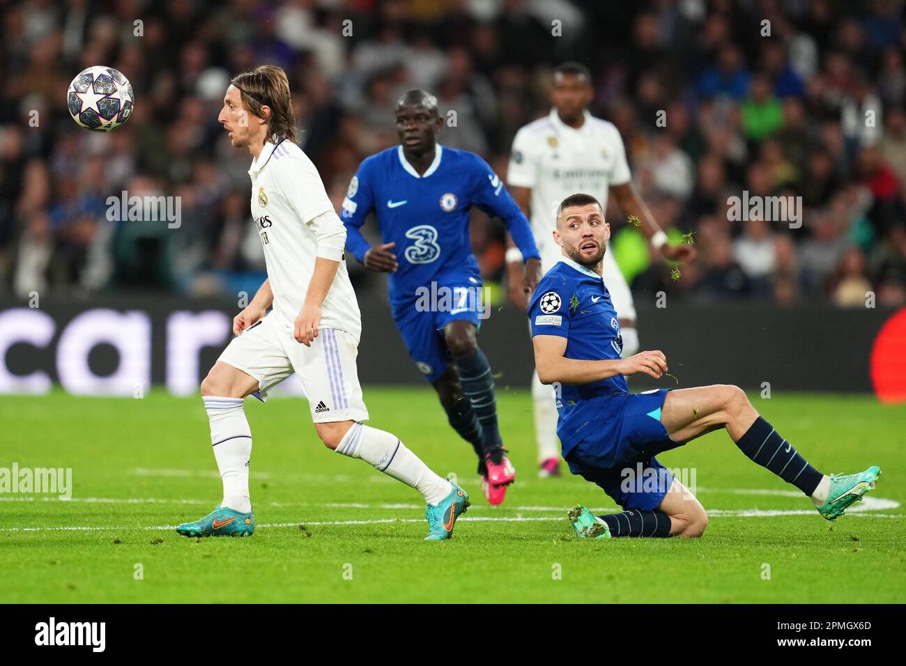 Luka Modric of Real Madrid and Mateo Kovacic of Chelsea FC during the ...