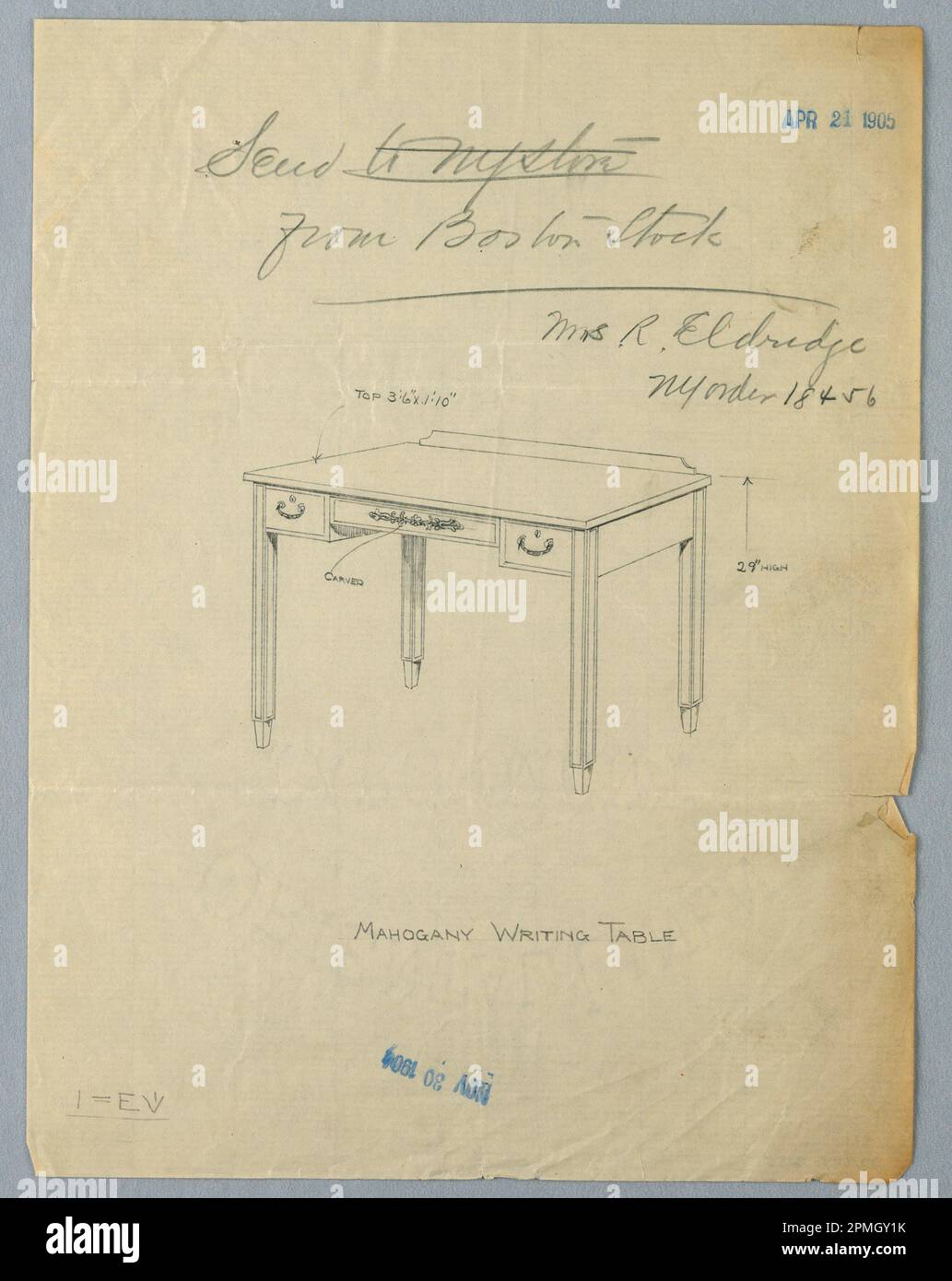 Drawing, Design for Mahogany Writing Table with Conical Feet; Designed ...