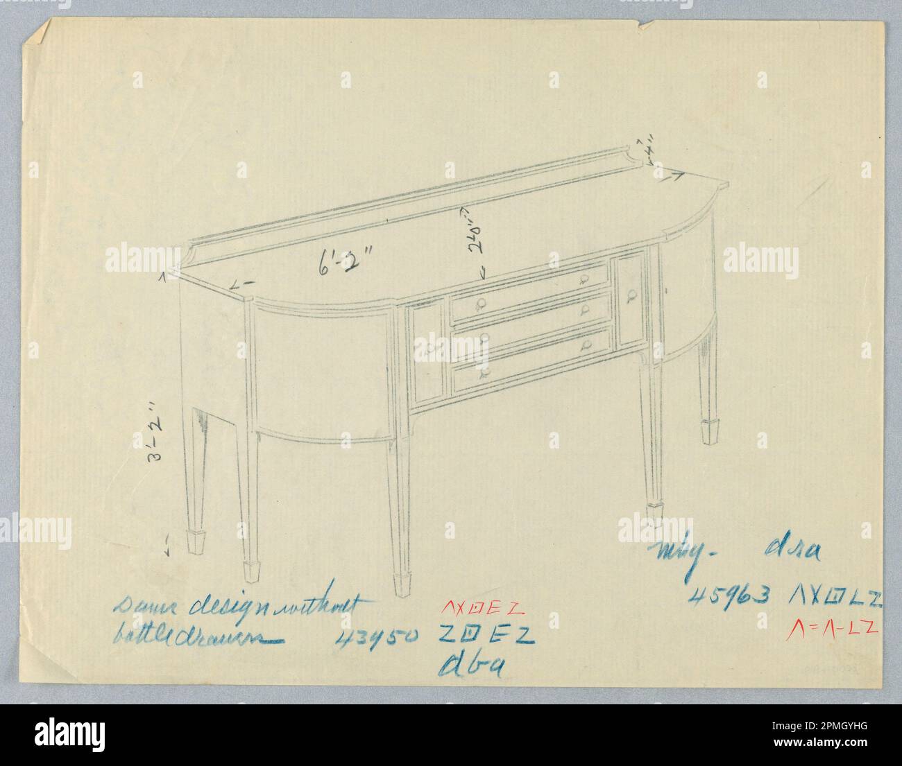 Drawing, Design for Six-legged Sideboard with Rounded Corners and Five ...