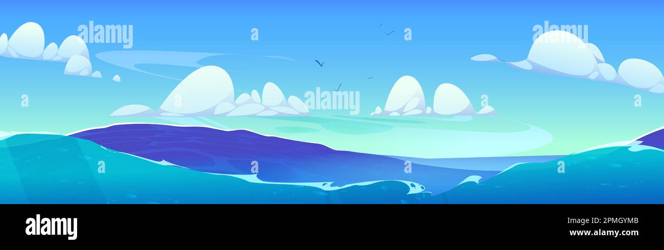 Ocean wave and blue sky with cloud vector background. Sea cartoon ...
