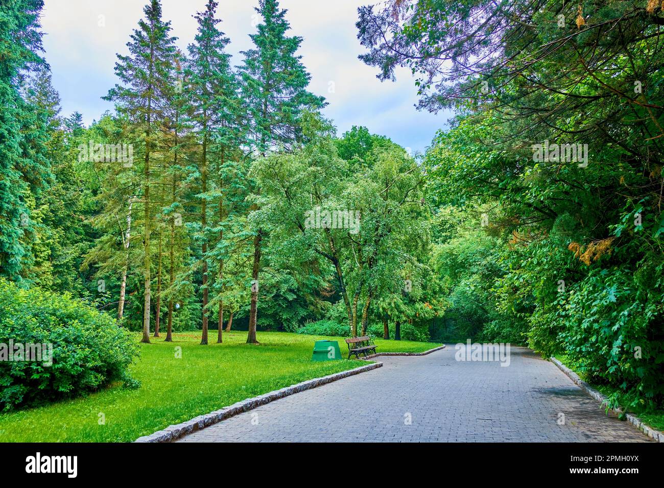 The scenic landscape garden with lush trees, Sofiyivsky Park in Uman ...