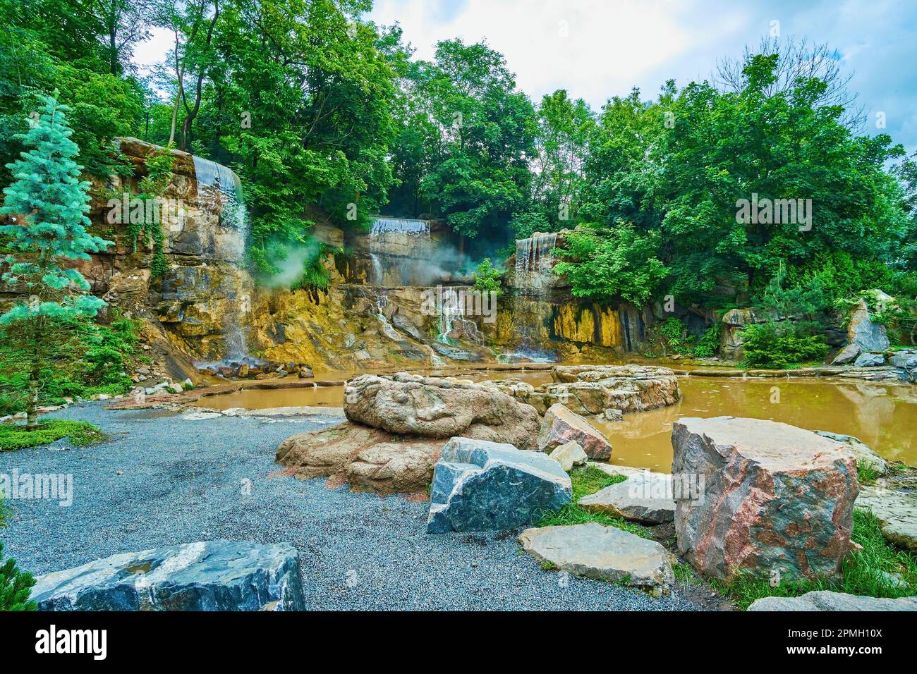Alpine rocky landscape with Poseidon Trident waterfall in Sofiyivsky ...