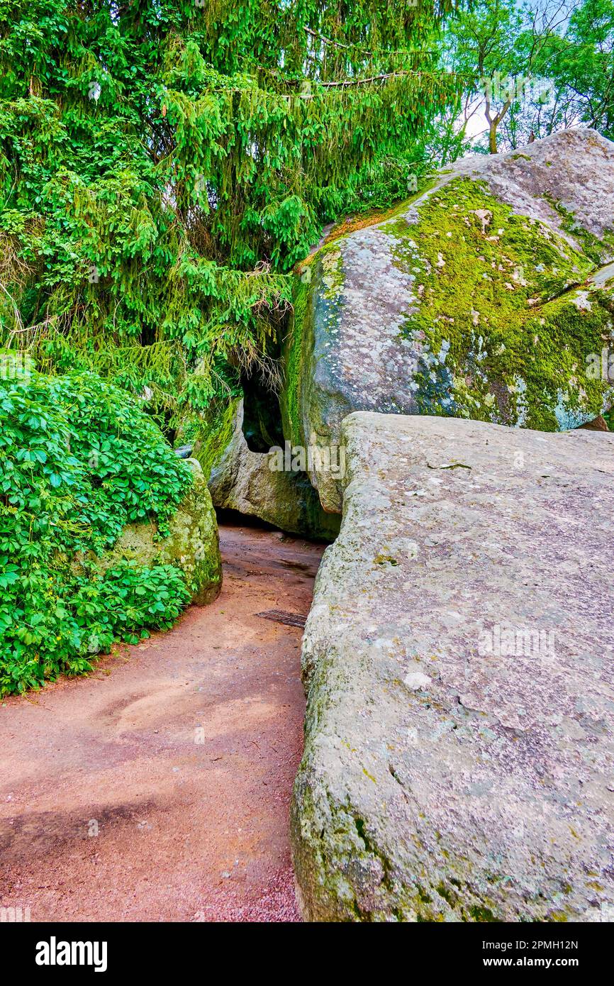 The narrow path leading to the grotto of fear and doubt, Sofiyivka Park ...