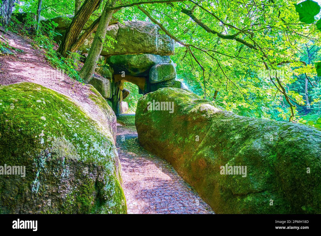 The narrow path between boulders in Valley of the Giants in Sofiyivka ...