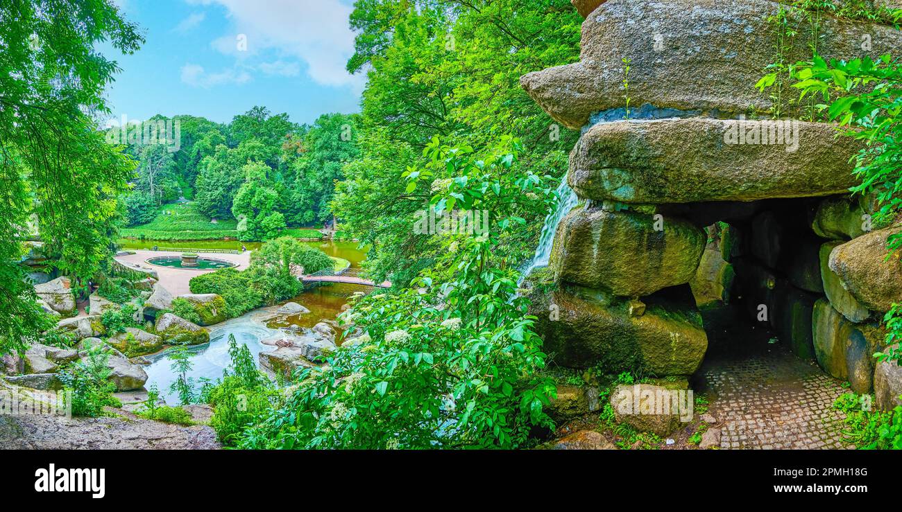 Panorama of Valley of the Giants with boulder arch in Sofiyivka Park ...