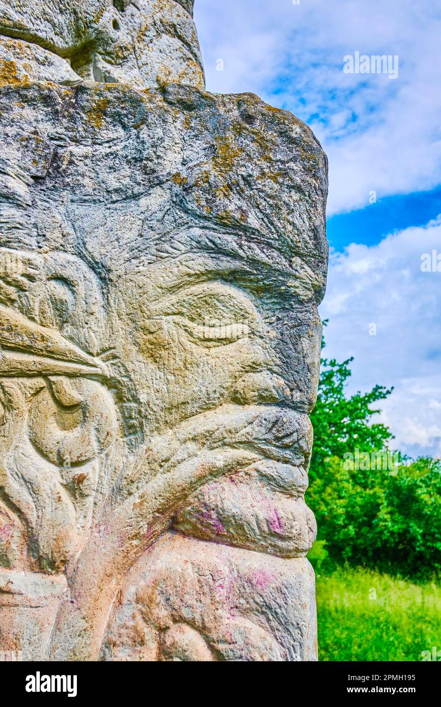 The face of ancient pagan Slavic Gods on stone Idol in Sofiyivka Park ...