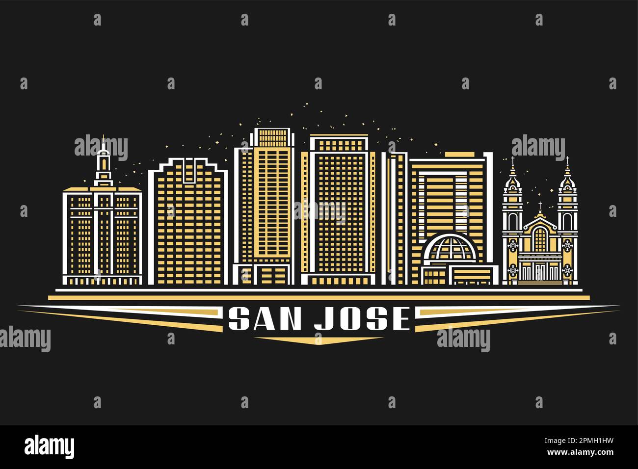 Vector illustration of San Jose, dark horizontal poster with linear ...