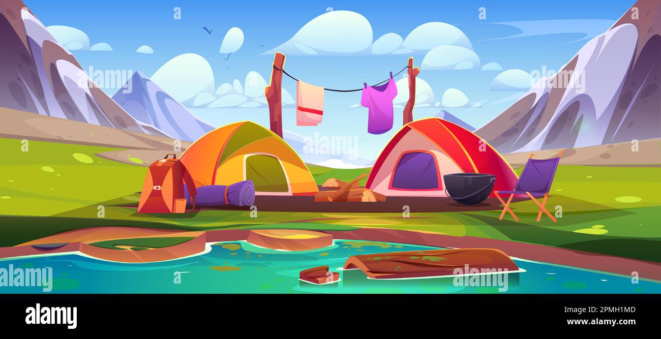 Mountain camp with tents and campfire near lake. Vector cartoon ...