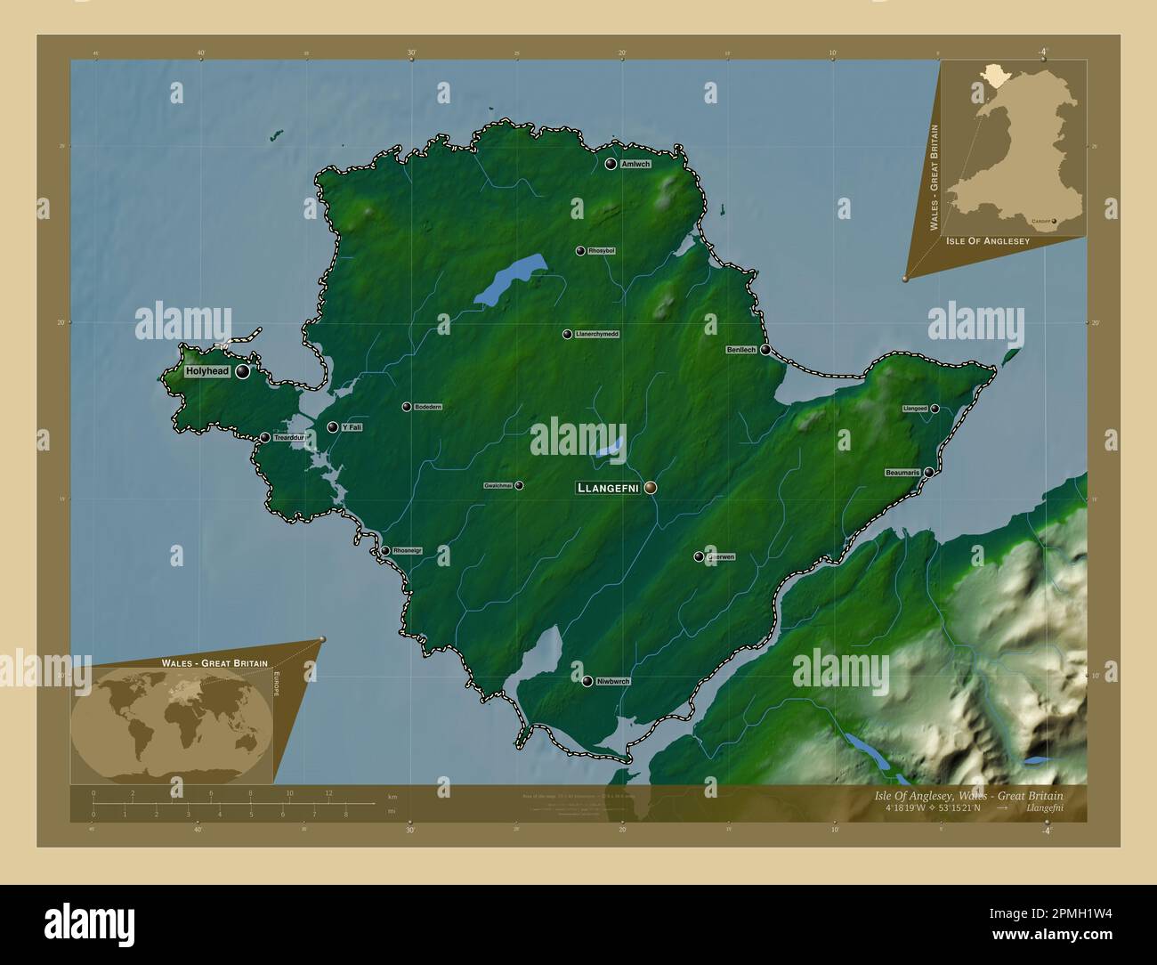 Isle Of Anglesey, region of Wales - Great Britain. Colored elevation ...