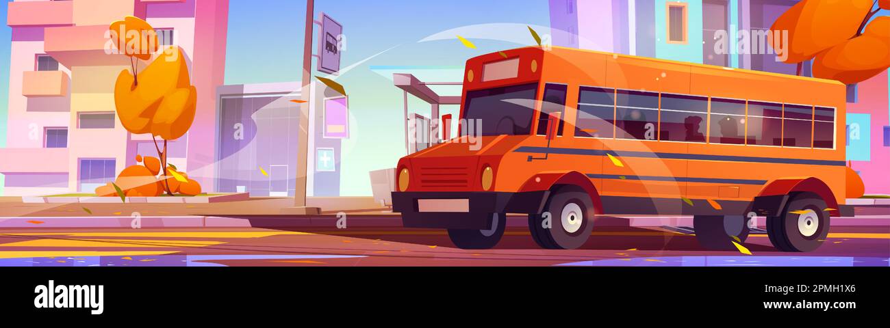 Yellow school bus riding city street in autumn. Vector cartoon ...
