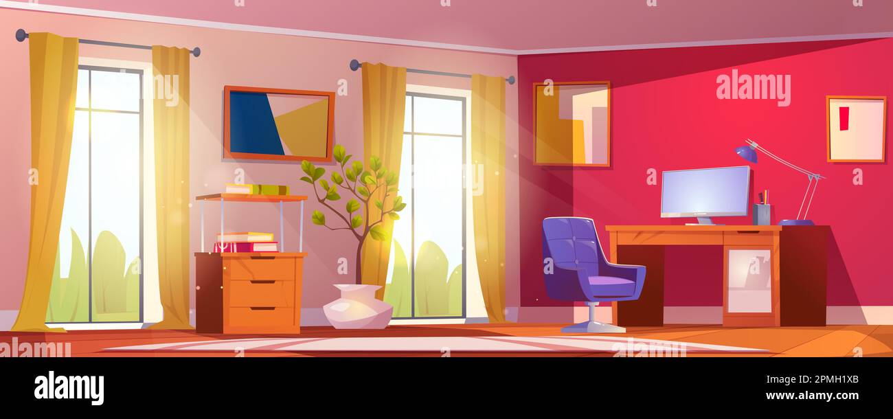 Cartoon home office interior with furniture and summer garden view in ...