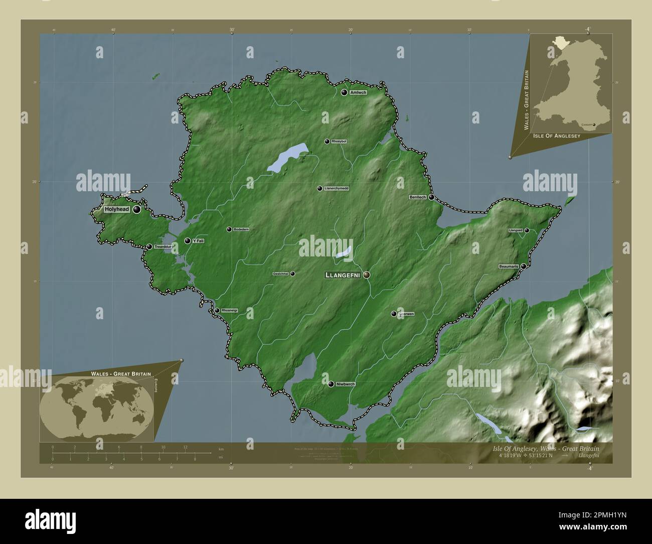 Isle Of Anglesey, region of Wales - Great Britain. Elevation map ...