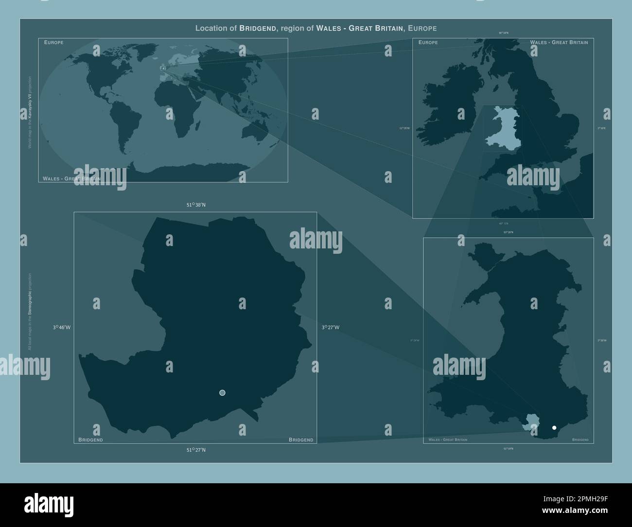 Bridgend, region of Wales - Great Britain. Diagram showing the location ...