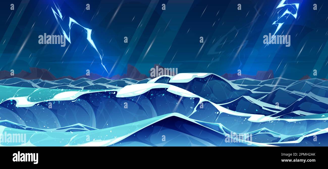 Cartoon stormy seascape with heavy rainfall and lightning strikes ...