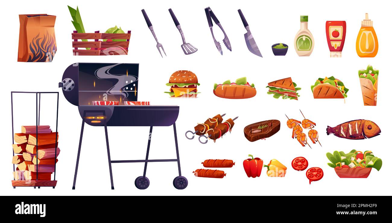 Cartoon bbq grill set for picnic with meat and fish isolated on white ...