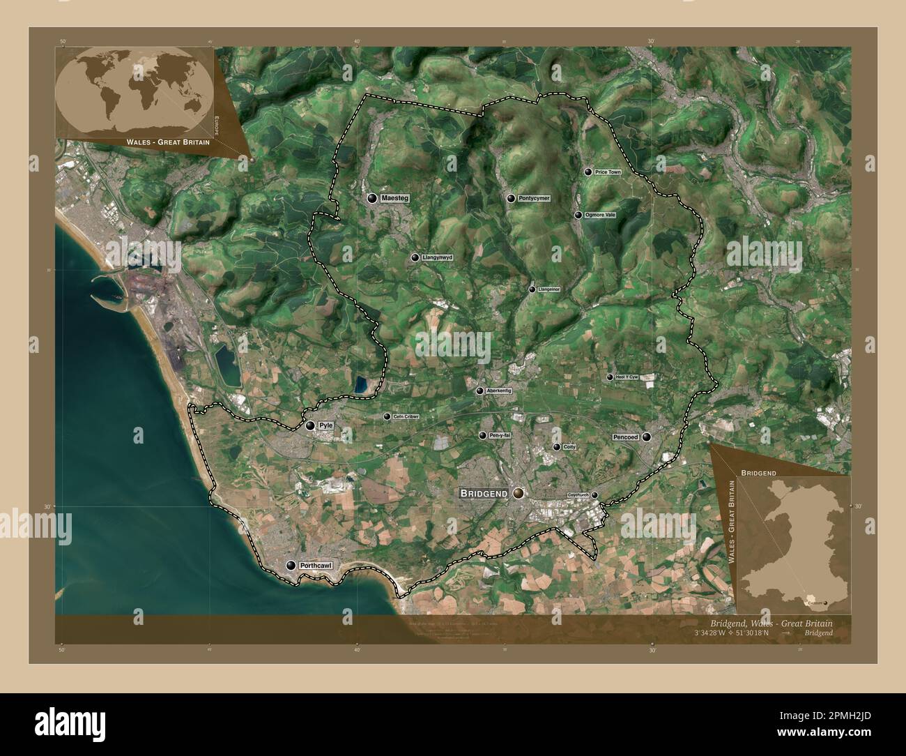 Bridgend, region of Wales - Great Britain. Low resolution satellite map ...