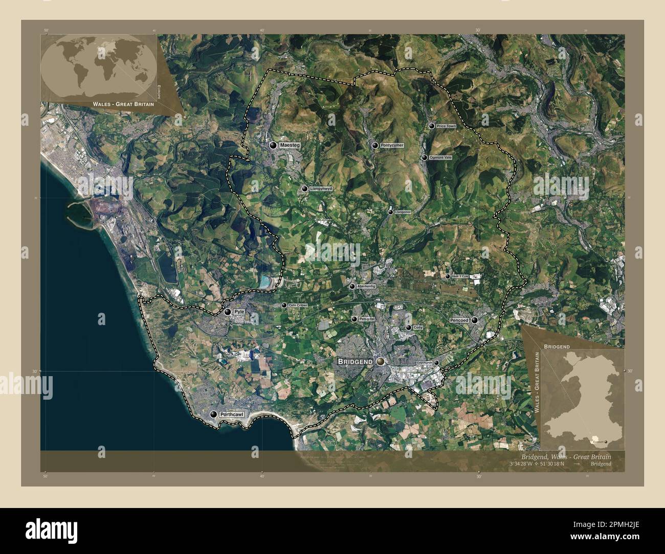 Bridgend, region of Wales - Great Britain. High resolution satellite ...