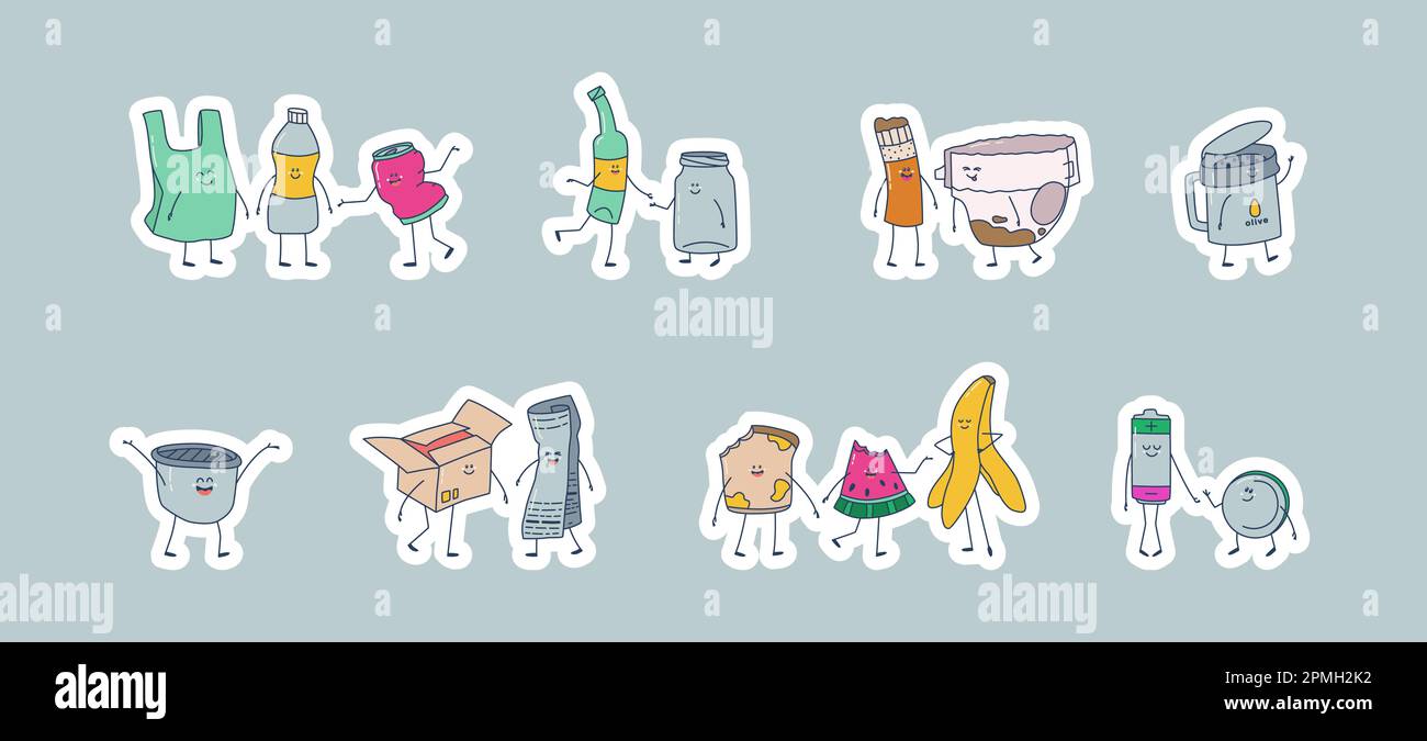 Set of stickers for waste sorting trash cans. Cute kawaii trash ...
