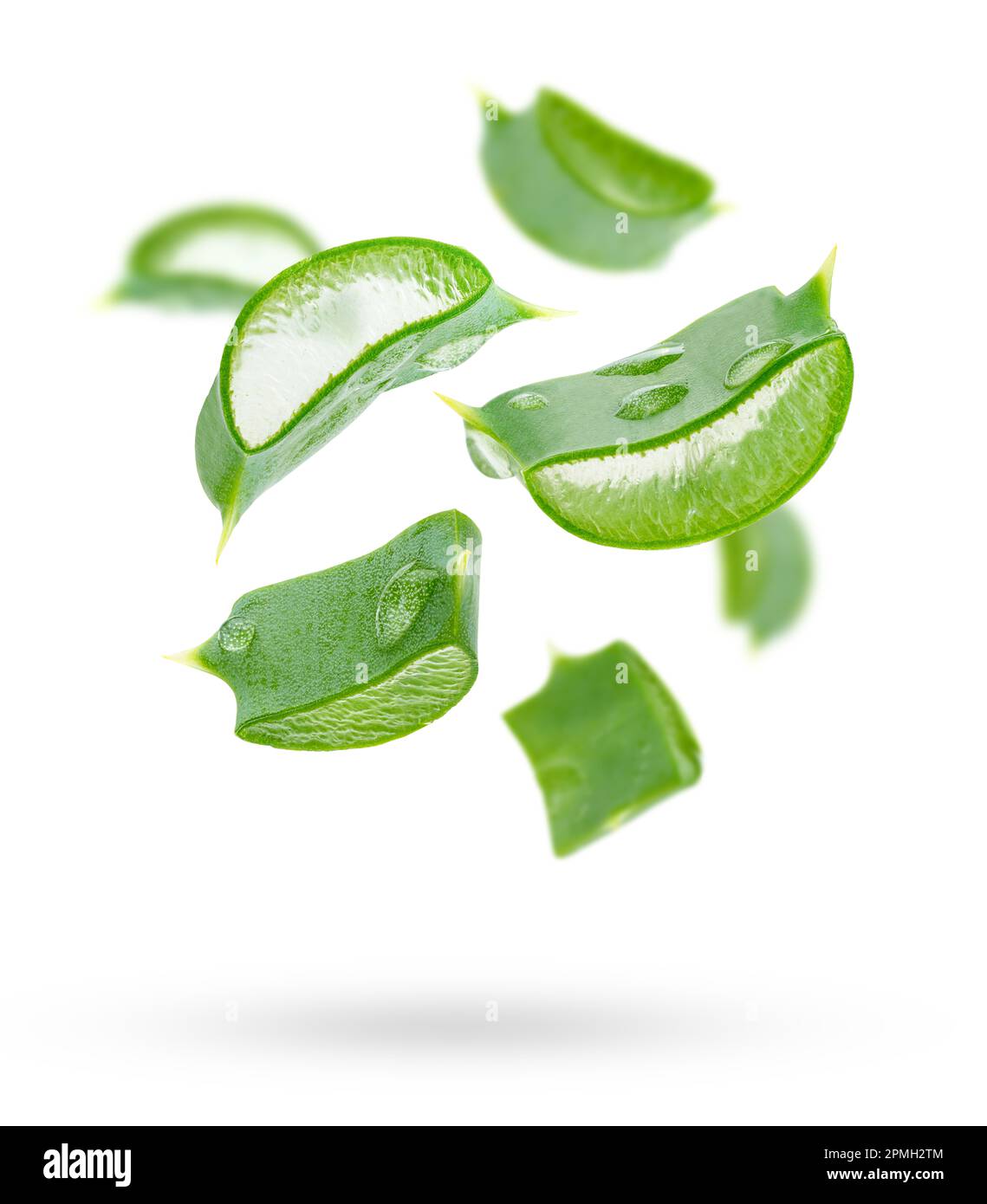 Aloe vera slices flying composition isolated on white background with ...