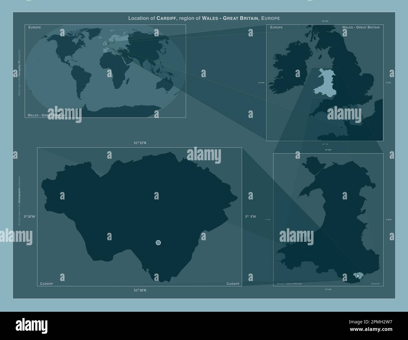 Cardiff, region of Wales - Great Britain. Diagram showing the location ...