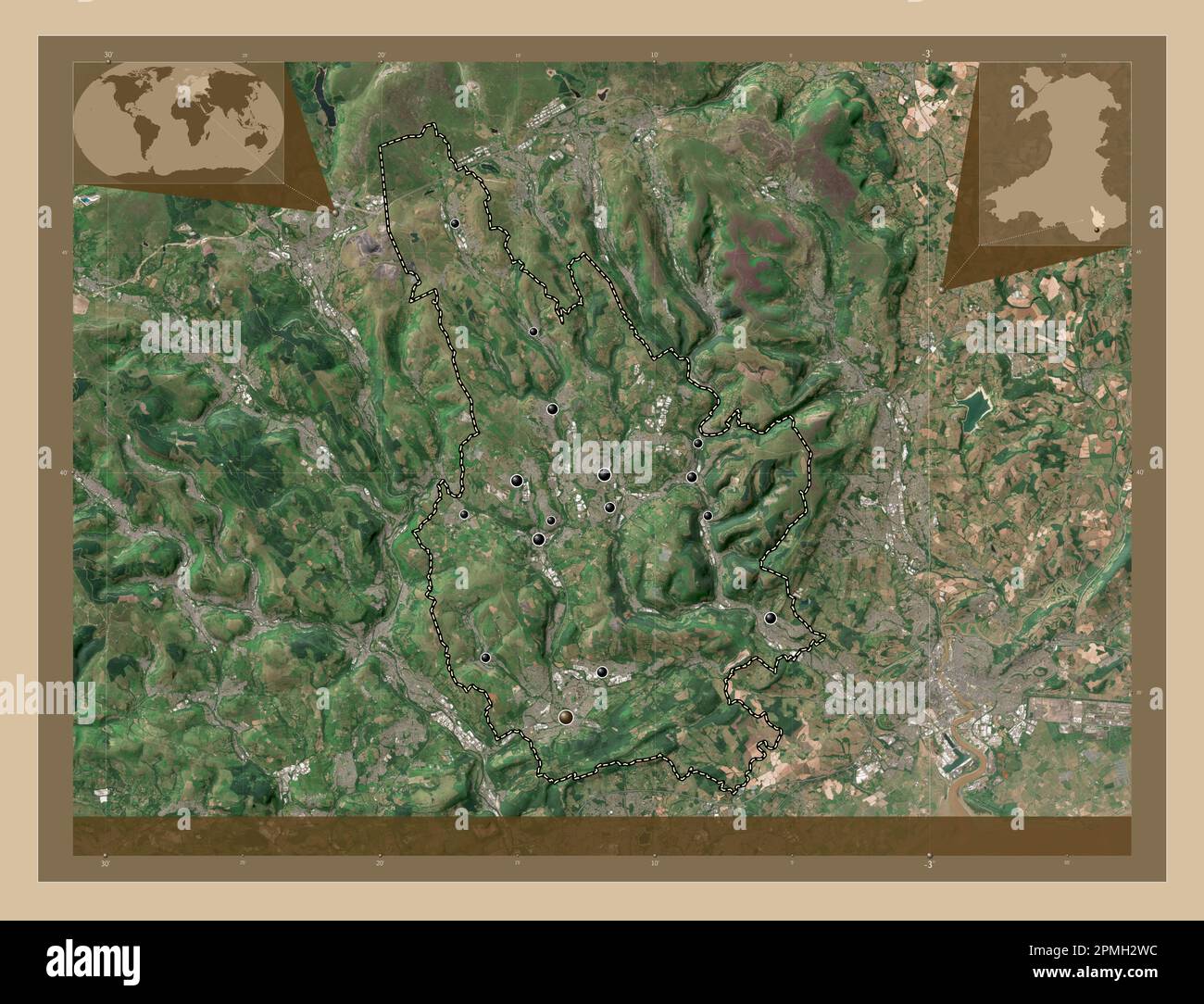 Caerphilly, region of Wales - Great Britain. Low resolution satellite ...