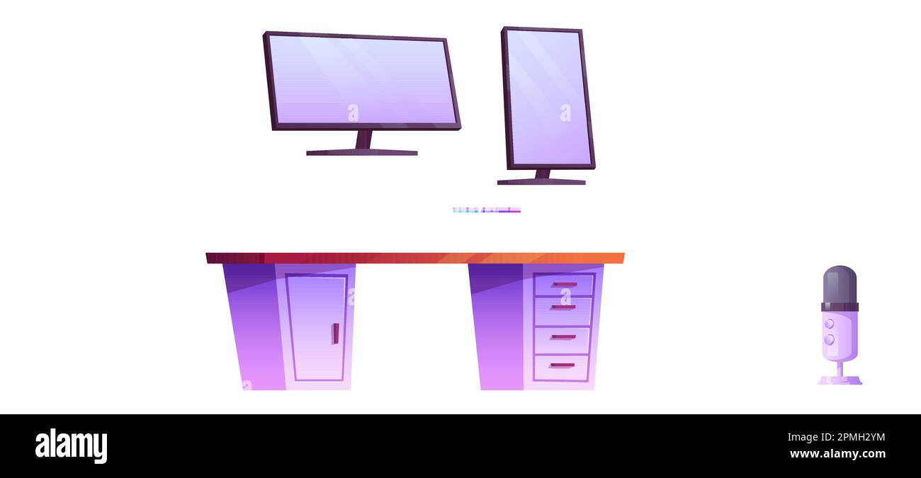 Isolated game computer in streamer room interior vector set. Cartoon neon computer, desk and ...