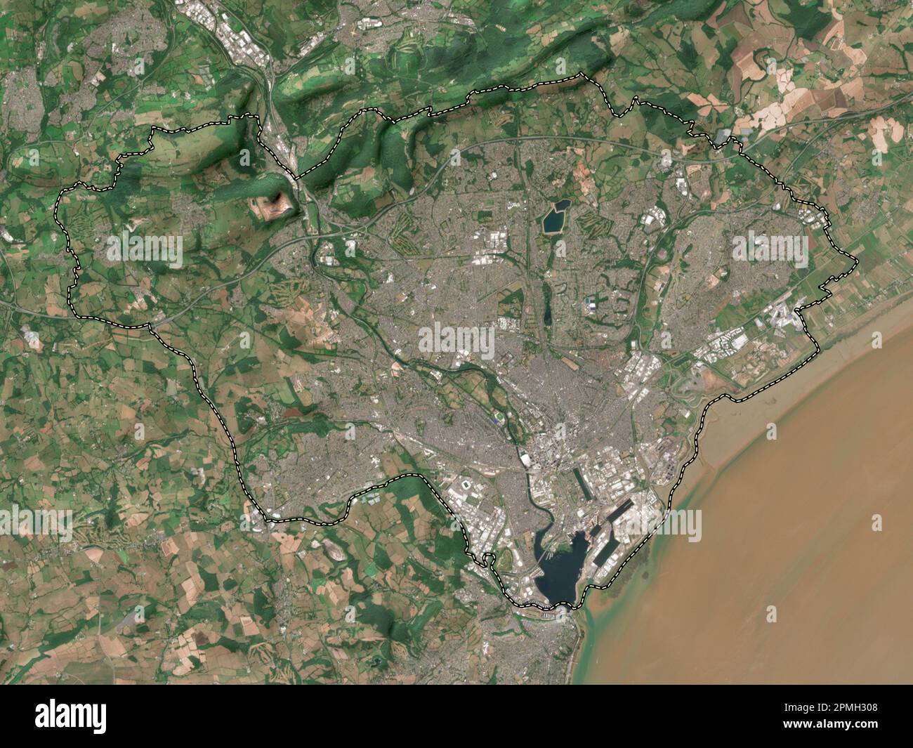 Cardiff, region of Wales - Great Britain. Low resolution satellite map ...