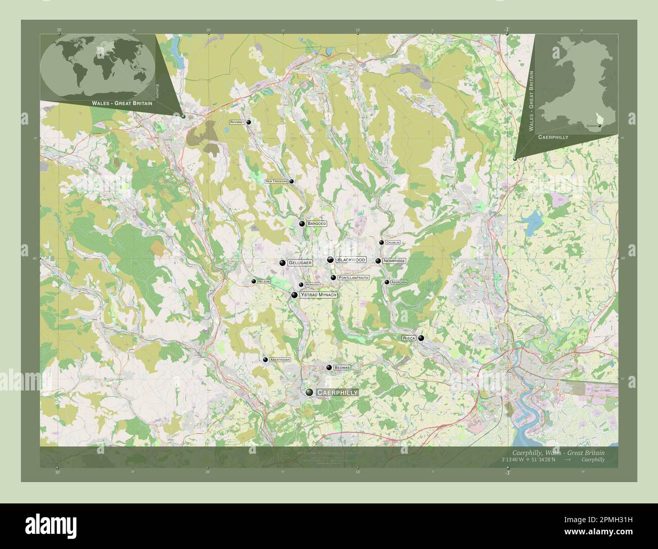 Caerphilly, region of Wales - Great Britain. Open Street Map. Locations ...