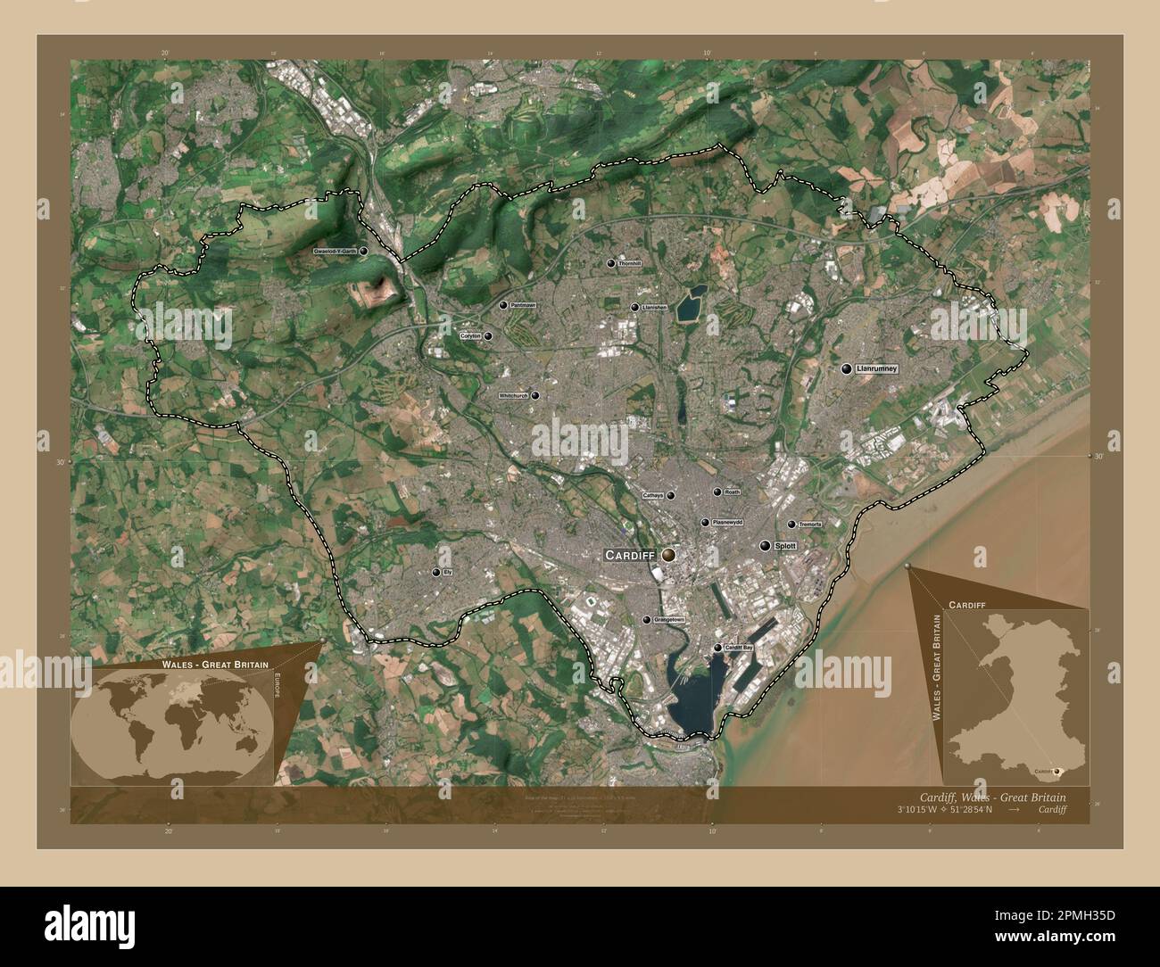 Cardiff, region of Wales - Great Britain. Low resolution satellite map ...