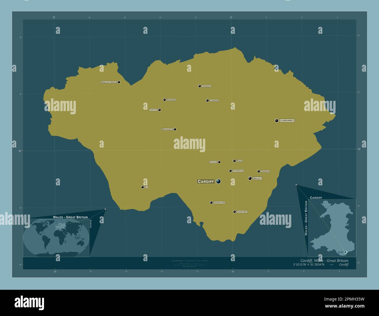 Cardiff, region of Wales - Great Britain. Solid color shape. Locations ...