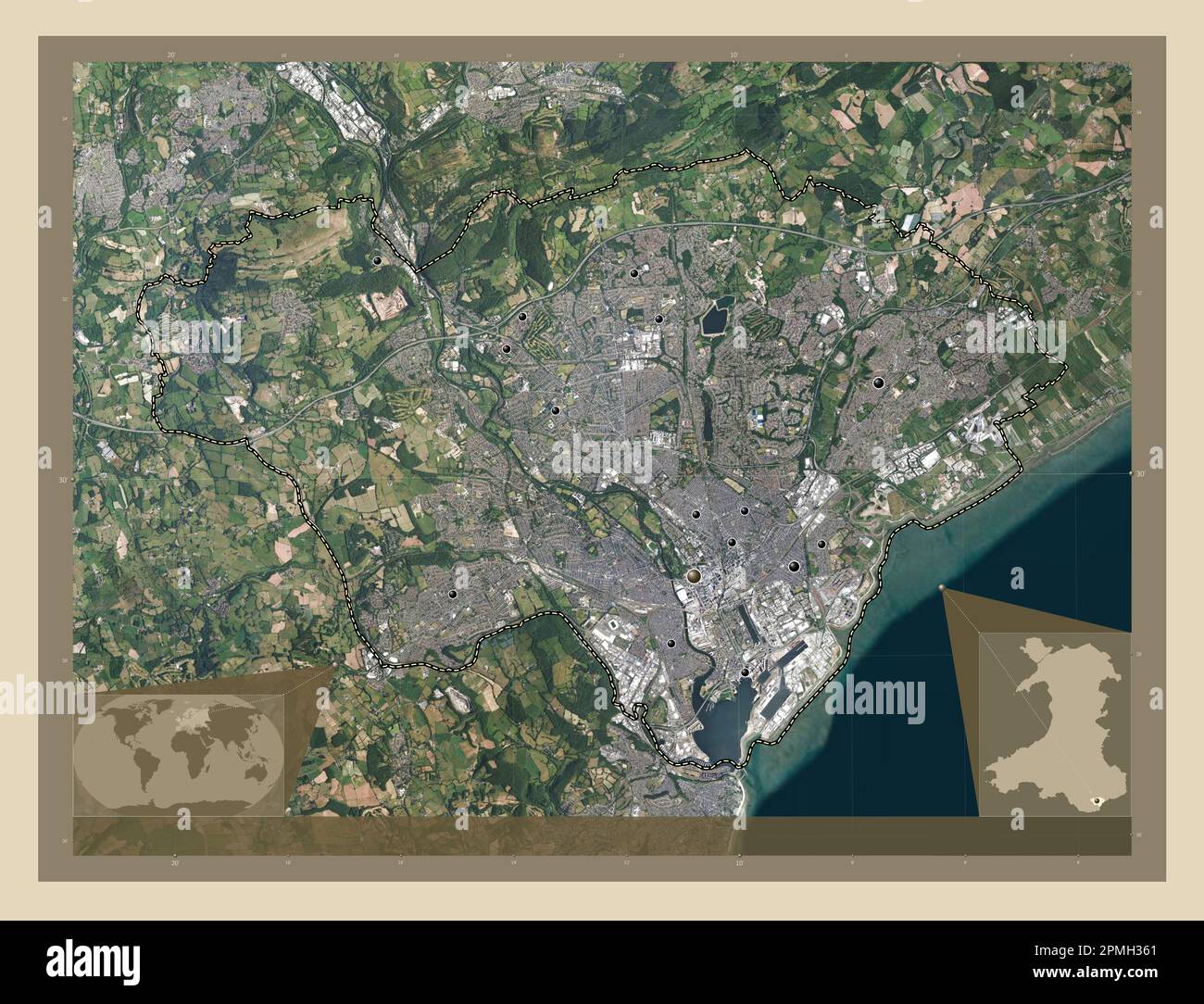 Cardiff, region of Wales - Great Britain. High resolution satellite map ...