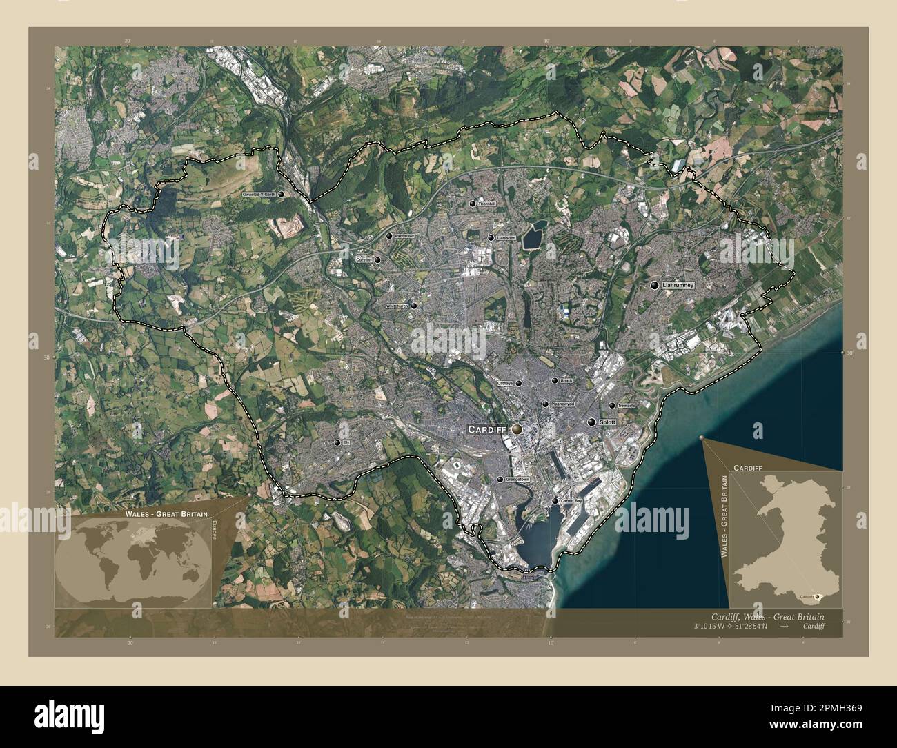 Cardiff, region of Wales - Great Britain. High resolution satellite map ...