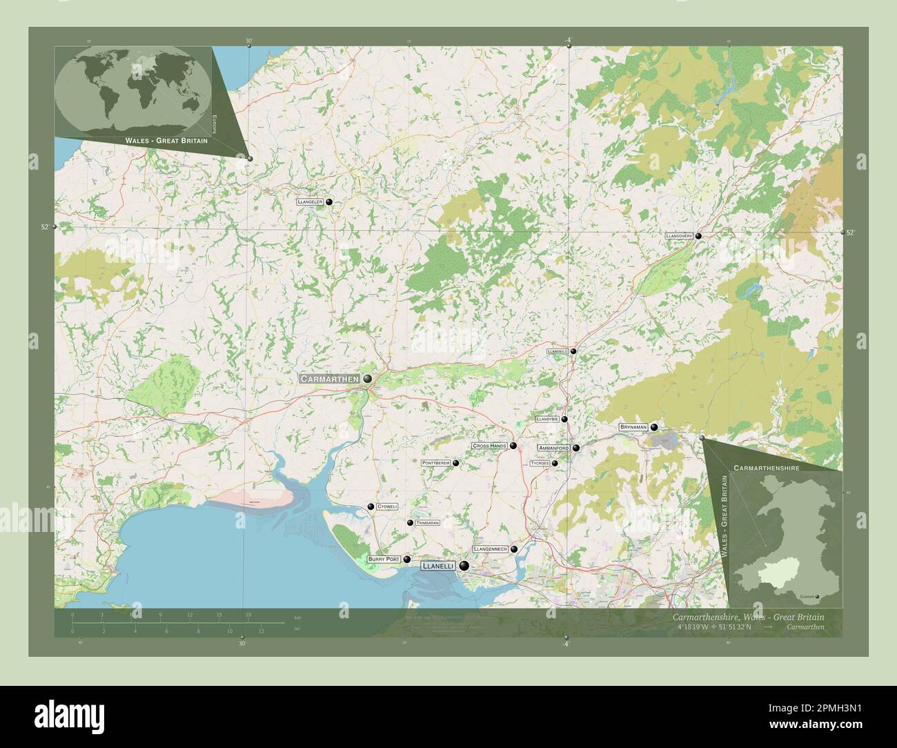 Carmarthenshire, region of Wales - Great Britain. Open Street Map ...