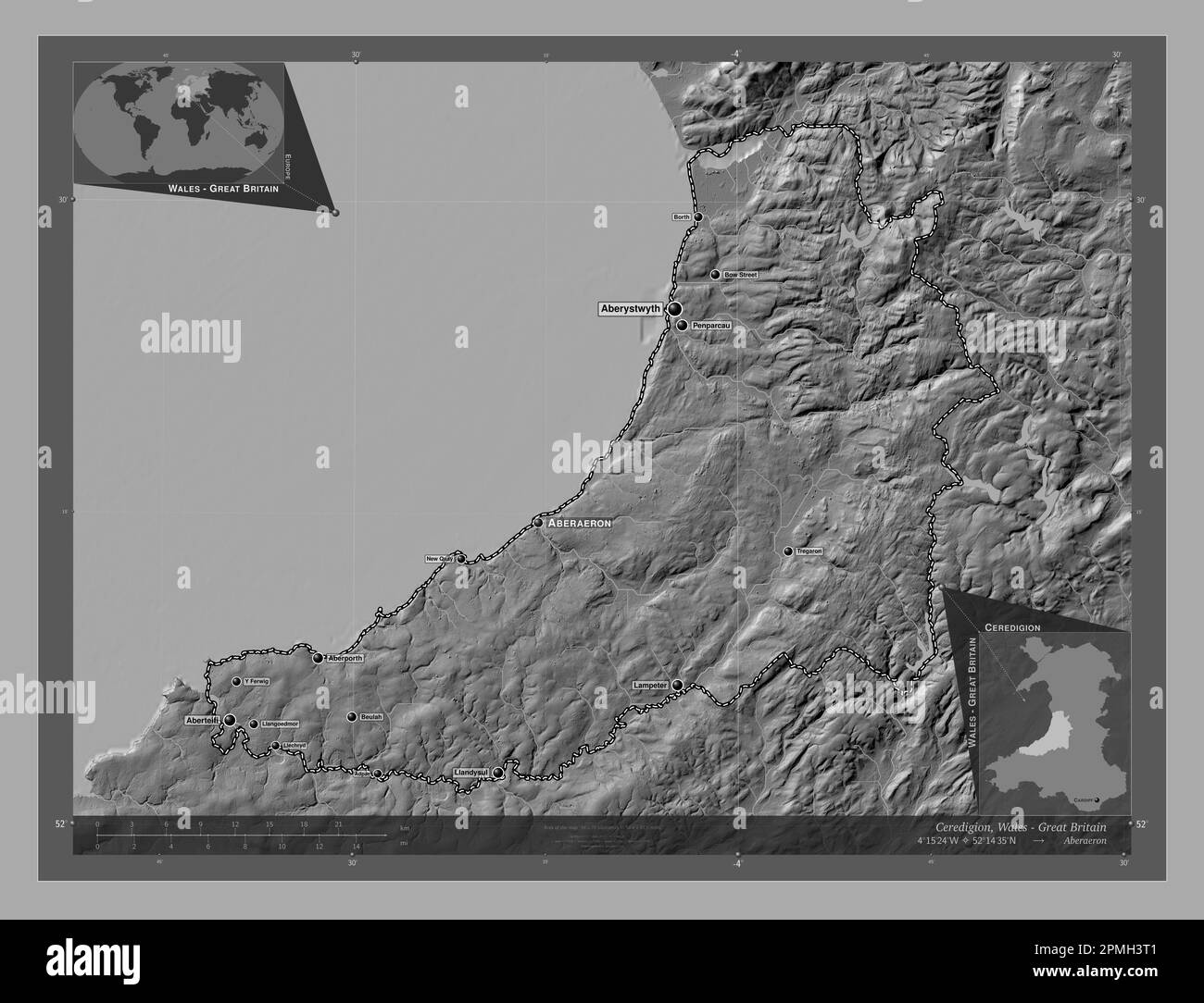 Ceredigion, region of Wales - Great Britain. Bilevel elevation map with ...