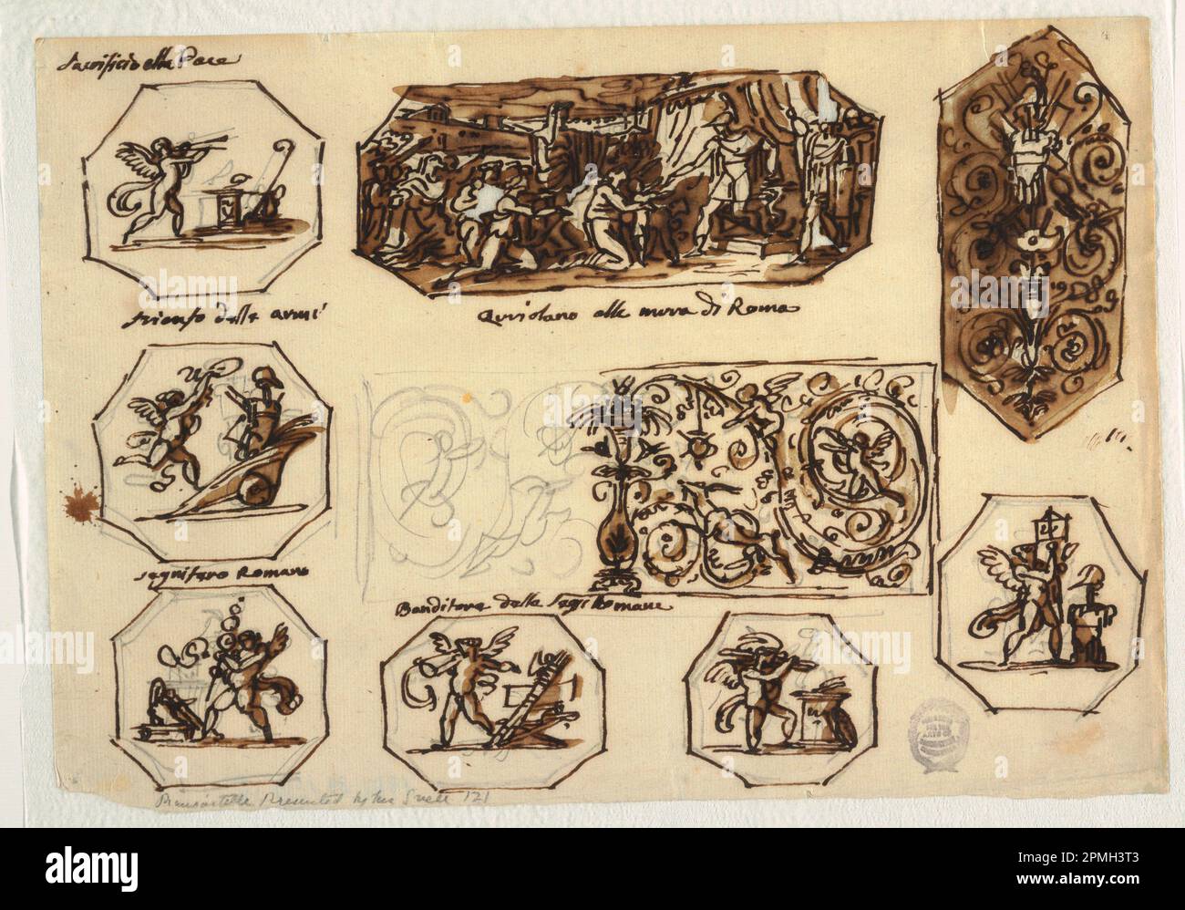 Drawing, Design for Various Decorations including "Coriolanus at the ...