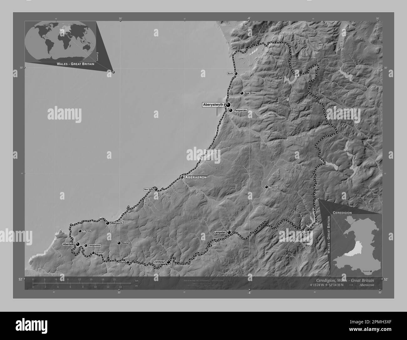 Ceredigion, region of Wales - Great Britain. Grayscale elevation map ...