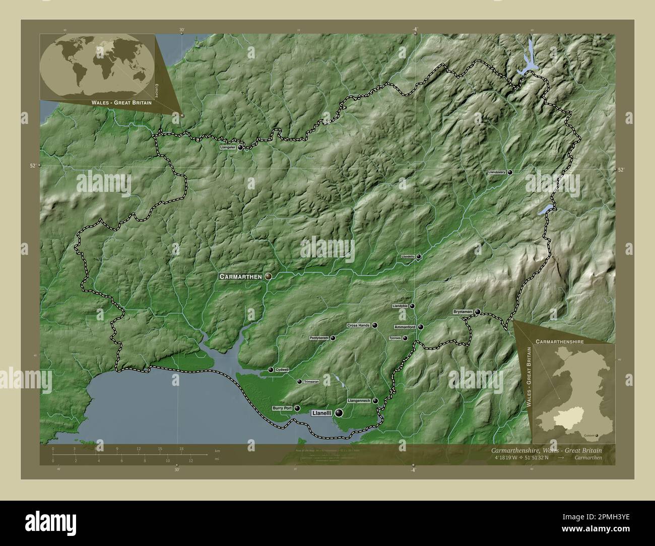 Carmarthenshire, region of Wales - Great Britain. Elevation map colored ...