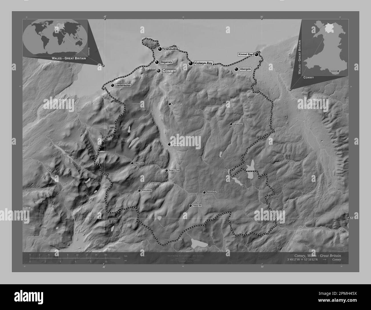 Conwy, region of Wales - Great Britain. Grayscale elevation map with ...