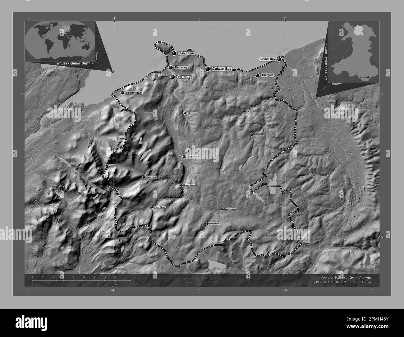 Conwy, region of Wales - Great Britain. Bilevel elevation map with ...