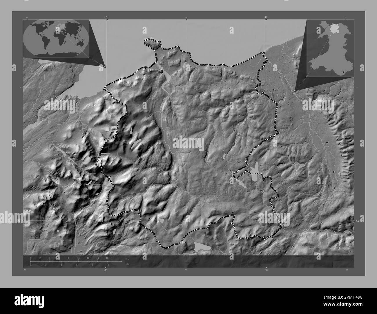 Conwy, region of Wales - Great Britain. Bilevel elevation map with ...